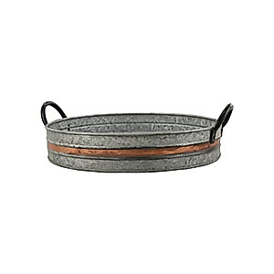 Galvanized Metal Serving Tray with Copper Strip and Iron Black Handles,Farmhouse Tray, Decorative Centerpiece for Coffee Table or Dining Table, Rustic Utility Tray for All Purpose, Round Tray…