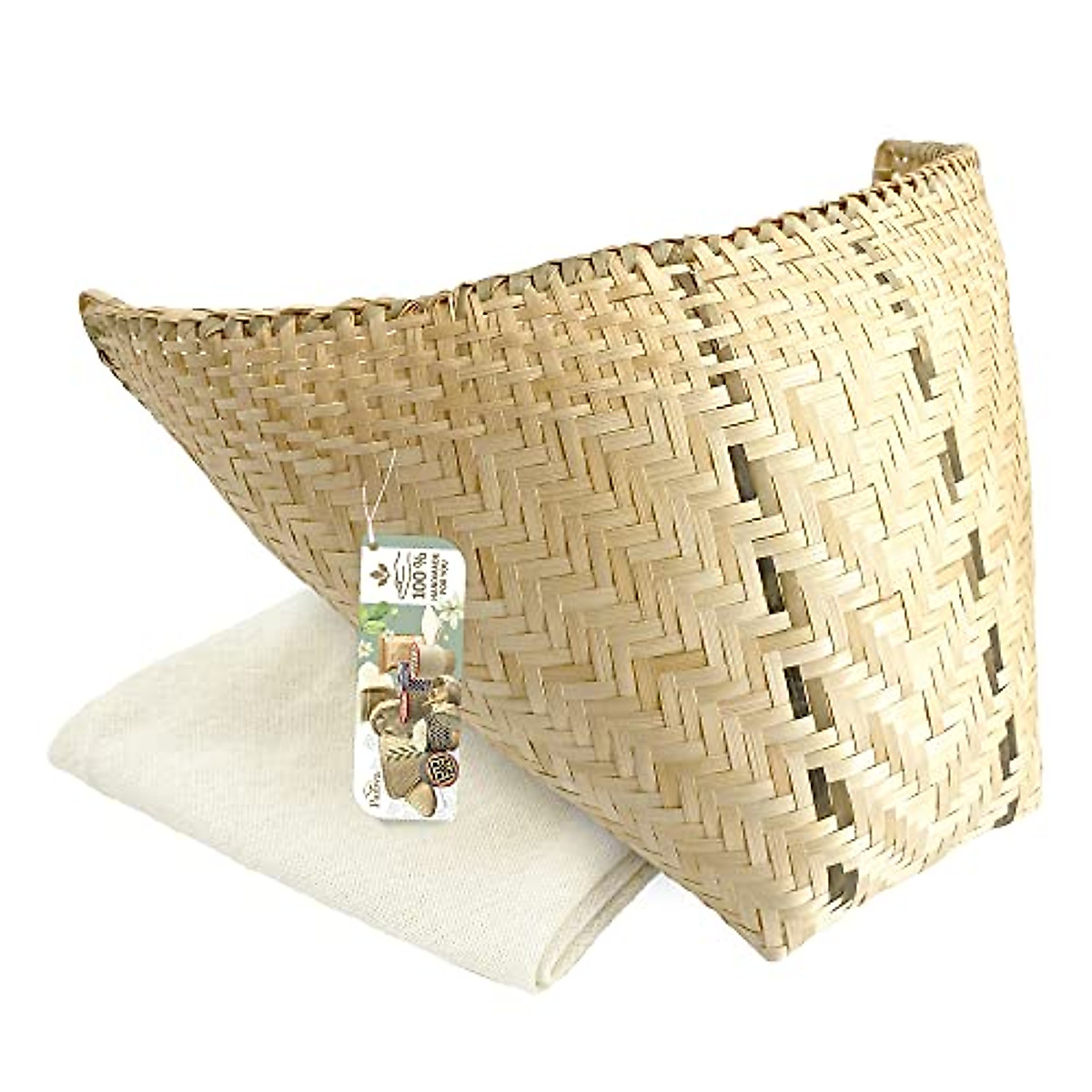 PANWA Thai Bamboo Satin Weave Sticky Rice Cooking Basket with 24’’ Round Reusable Cheesecloth and Wicker Lid and 2 Sticky Rice Paddle Wooden Spoons