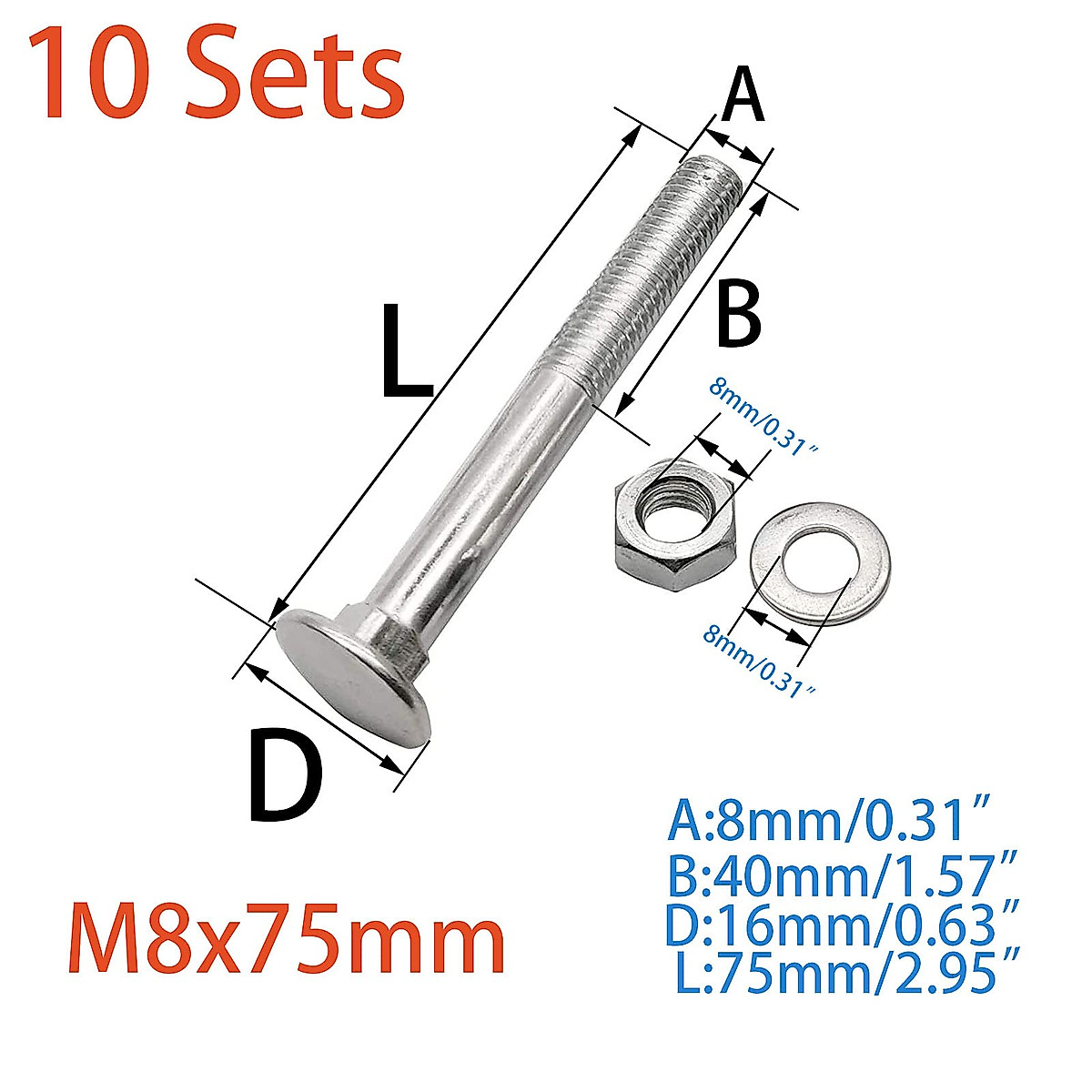 10 Sets Long Square-Neck Carriage Bolts Set,Carriage Bolts Set w/Nuts & Flat Washers,Zinc-Plated,Carbon Steel Grade 4.8,Plain Finish,Partial Threaded(M8-1.25X75mm)