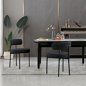AISALL Black Dining Chairs Set of 2 Round Upholstered Boucle Dining Room Chairs Mid-Century Modern Kitchen Chairs Curved Backrest Chairs for Dining Room Black Metal Legs