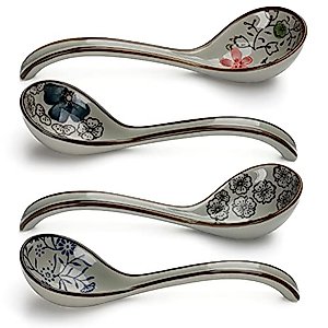 Ceramic Soup Spoons Set of 4 Porcelain Japanese Soup Spoon Long Handle Asian Soup Spoon Sets for Pho Ramen Noodles Wonton Dumpling Rice (Model 2#)