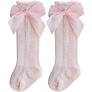 Baby Girls Knee High Socks Bow Thread Toddler Breathable Long Sock Cable Knit Tube (0-12 Months, Grey/Pink/Yellow/White/Red)