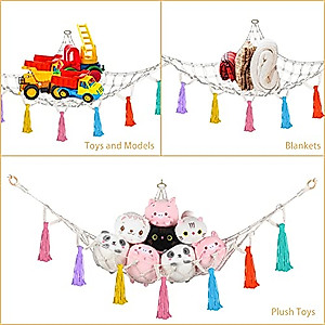 HONGTEYA Stuffed Animal Net or Hammock Large Plush Toy Net Hammock Holder for Corner Stuffed Animal Storage Ideas Hanging Plushie Toy Organizers Net with Boho Macrame Tassels 57inch