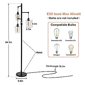 Airposta 3 Lights Industrial Floor Lamp with On/Off Dimmable Switch, 3-Head Rustic Tree Standing Lamp, 40W Retro Torchiere Floor Light for Living Room, Reading, Office, Bedroom, 2-Years Warranty