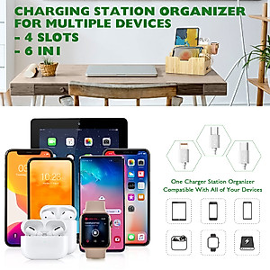 Bamboo Charging Station for Multiple Devices with Integrated Watch & Earbuds Stand, Desktop Charging Docking Station Organizer for Cell Phone, Tablet, 5 Charging Cables Included（No Power Supply）
