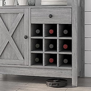Farmhouse Coffee Bar Cabinet, 32'' Modern Kitchen Buffet Cabinet with Drawer, Coffee Station with Barn Door, 9 Wine Racks, Small Bar Cabinet with Shelf for Dining Room, Wash Gray