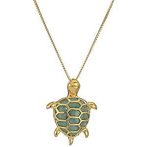 Amazon Collection womens 18k Yellow Gold Plated Sterling Silver Genuine Green Jade Turtle Pendant Necklace, 18"