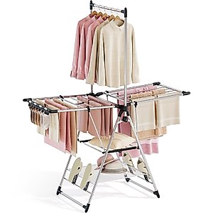APEXCHASER Clothes Drying Rack with High Hanger, Foldable 3-Level Drying Racks with Shoe Rack, Crossbar and Vertical Rod Laundry Stand with Adjustable Wings