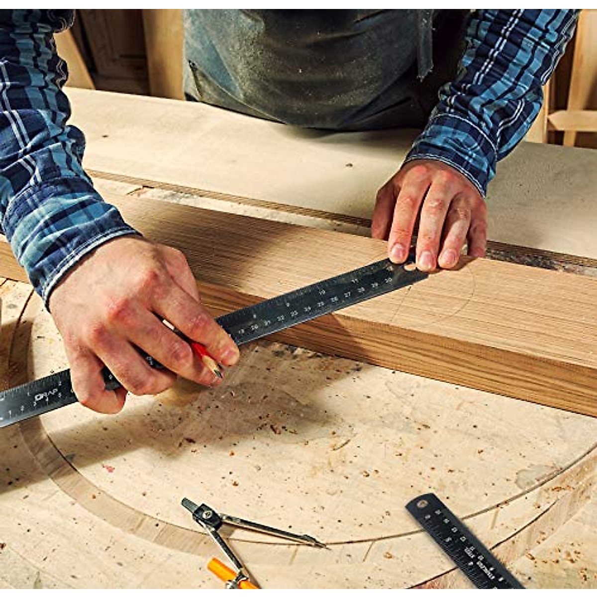 Steel Black Metal Ruler Set - 12, 8, 6 Inch Measuring Kit - Straight Edge Drafting Tool for Architects, Engineers, Crafts, Woodworking - Imperial and Metric Graduations - Protective Pouch Included