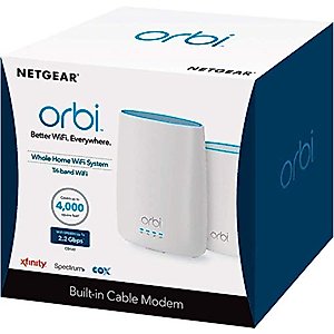 NETGEAR Orbi Built-in-Modem Whole Home Mesh WiFi System with all-in-one cable modem and WiFi router and single satellite extender with speeds up to 2.2 Gbps over 4,000 sq. feet, AC2200 (CBK40)
