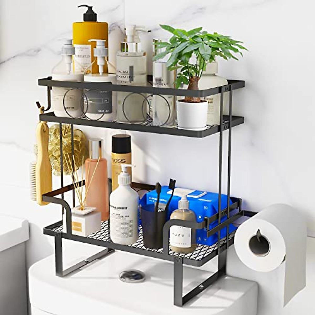 CAEKAIGTA Over The Toilet Storage Shelf, Bathroom Over Toilet Storage Shelf, 2 Tier Above Toilet Storage with Toilet Paper Holder, No Drilling with Wall Mounting Design, Space Saver (Black)
