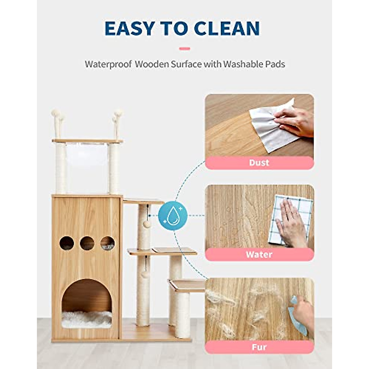 Made4Pets Modern Cat Tree for Large Cat, Wood Cat Tower Heavy Duty with Scratch Post for Indoor Big Cats, 51" Extra Tall Cat Condo Sturdy Frisco Castle with Clear Bowl for Kittens Maine Coon 20Lbs