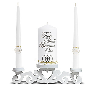 Wedding Unity Candle Set for Ceremonies - Unity Decorative Wedding Candle Centerpiece Sets Catholic White with Gold Decorations Unity Candle Set for Weddings 6" Pillar and 2 10" - Velas Matrimoniales