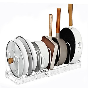 S SNUOY Pot and Pan Organizer Expandable Pan Lid Organizer Rack for Cabinet Pot Lid Holder Rack with 10 Adjustable Compartment for Pot Lids Cutting Boards,White
