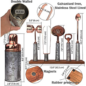 Galrose Dezigns Cocktail Shaker Set - 6 Bar Tools Bar Accessories Rustic Galvanized Iron Bar Set Rose Gold Trim - Mixology Bartender Kit with Stand. Unique Gift for 6th Iron Anniversary for Couple