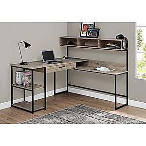 Monarch Specialties Workstation for Home & Office with Multiple Shelves and Drawer L-Shaped Corner Desk with Hutch, 60" L, Dark Taupe/Black Frame