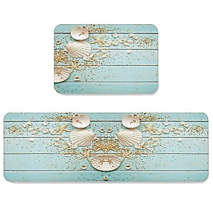 Kitchen Rug Set 2 Pieces Beach Cushioned Kitchen Floor Mats Comfort Soft Standing Doormat, Non Slip Rugs and Runner Coastal Seashell Starfish Blue Wood Board