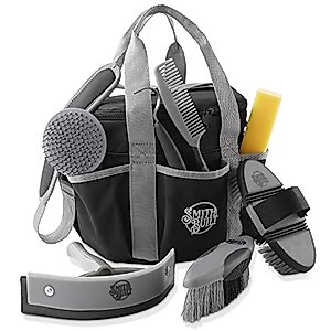 SmithBuilt 8-Piece Horse Grooming Tool Kit with Tote Bag, Gray/Black
