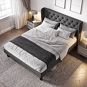 Allewie Full Size Bed Frame with Button Tufted Wingback Headboard, Modern Fabric Upholstered Platform Bed Frame with Strong Wood Slat Support, No Box Spring Needed, Easy Assembly, Dark Grey