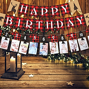 Lumberjack Baby Shower Banner Lumberjack Theme Happy 1st Birthday Garland and High Chair Banner Wild Bear Tree Monthly Photo Banners for Baby Shower Kid Birthday Hunting Party Supplies Decoration (red and black plaid)