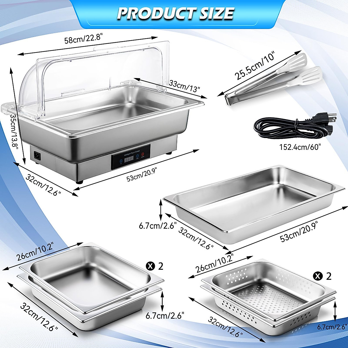 YORKING Electric Chafing Dish,9 QT Full Size with 4 x 4.5 QT Half Size Chafing Dish Buffet Set, Buffet Servers and Warmers with Roll Top & Temperature Control Display, Catering Food Warmer for Parties