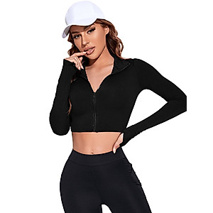 SweatyRocks Women's Long Sleeve Stand Collar Zip Up Crop Top Stretchy Sports Jacket Activewear Black S