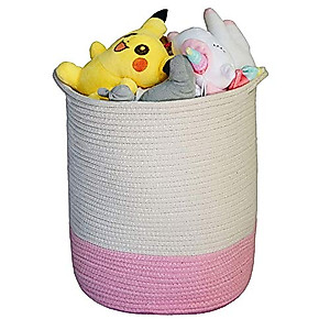 Dealone Pink Woven Rope Tall Toys Storage Basket with Handles Blankets Clothes Towels Laundry Basket Nursery Organizer Bins