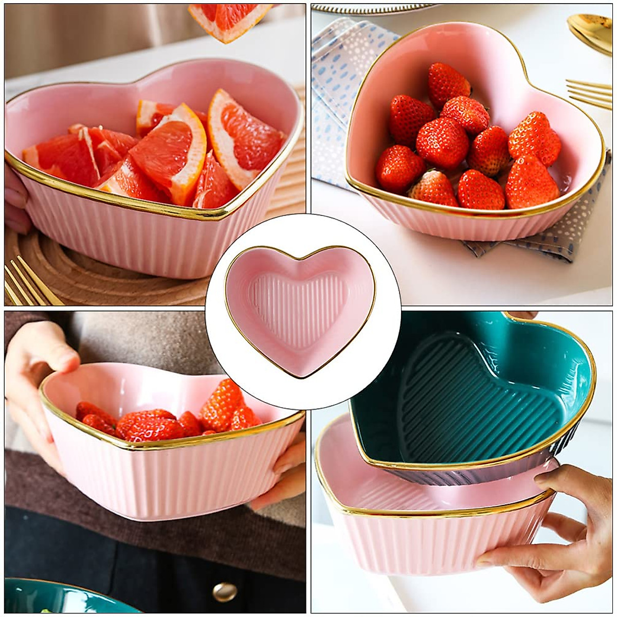 Angoily Porcelain Heart- shaped Bowls Deep Heart Plates Salad Bowl Fruit Bowl for Desserts Pasta Dinner Pink