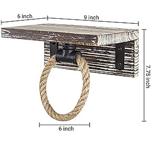MyGift Industrial Pipe and Rustic Rope Bathroom Towel Ring Holder/Decorative Hand Towel Wall Mounted Rack with Torched Wood Shelf