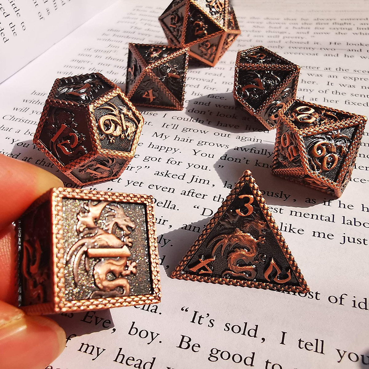 MJDICEOK Metal Dice Dragon Set 7 DND Role Playing Dice D&D Solid Dice Ancient Red Copper