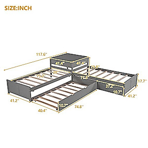L Shaped Platform Bed with Trundle and Drawers, Wooden Twin Corner Bed Frame Linked with Built-in Desk for 3 People, Gray