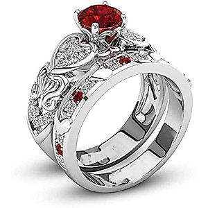 3Ct Round Cut Red Garnet & Diamond Flower Inspired Wedding Bridal Ring Set 14k White Gold Finish (8)