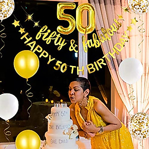 Gold Fifty & Fabulous Happy 50th Birthday Banner Garland Foil Balloon 50 for Womens 50th Birthday Decorations Hanging 50 and Fabulous Cheers to 50 Years Old Birthday Party Supplies Backdrop