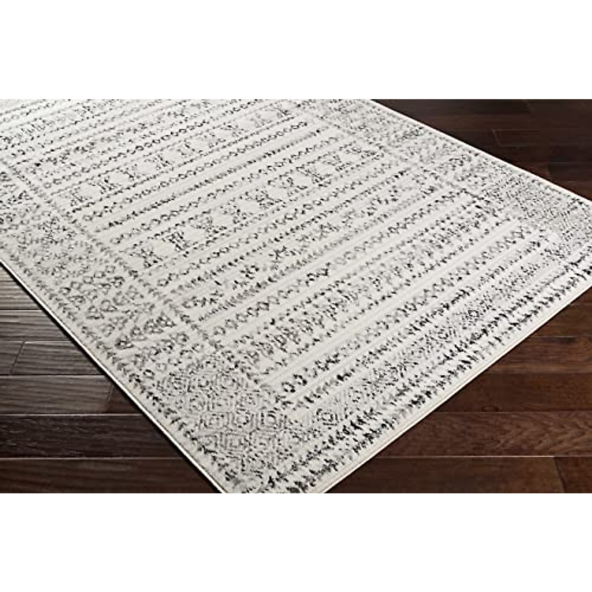 Greig Bohemian Farmhouse Living Room Bedroom Area Rug - Neutral Boho Carpet - Bordered - Off White, Black, Grey, Beige - 6'7" x 9'