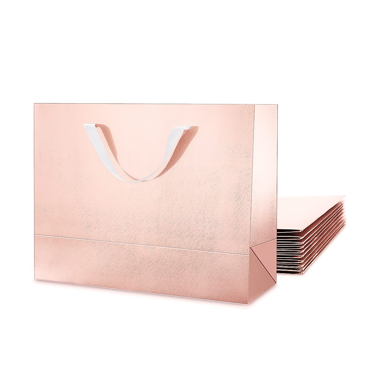ROSEGLD 12 Large Gift Bags 13x5x10 Inches, Luxury Gift Bags, Rose Gold Gift Bags with Handles for All Occasions (Glossy Rose Gold with Grass Texture)
