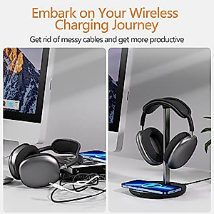 Headphone Stand with Wireless Charger, Gaming Headset Holder Hanger Rack 2 in 1 Wireless Charging Station Dock for iPhone 14/13/12/11 Series, Samsung, AirPods Pro/3/2 and Desk All Headphones, Black
