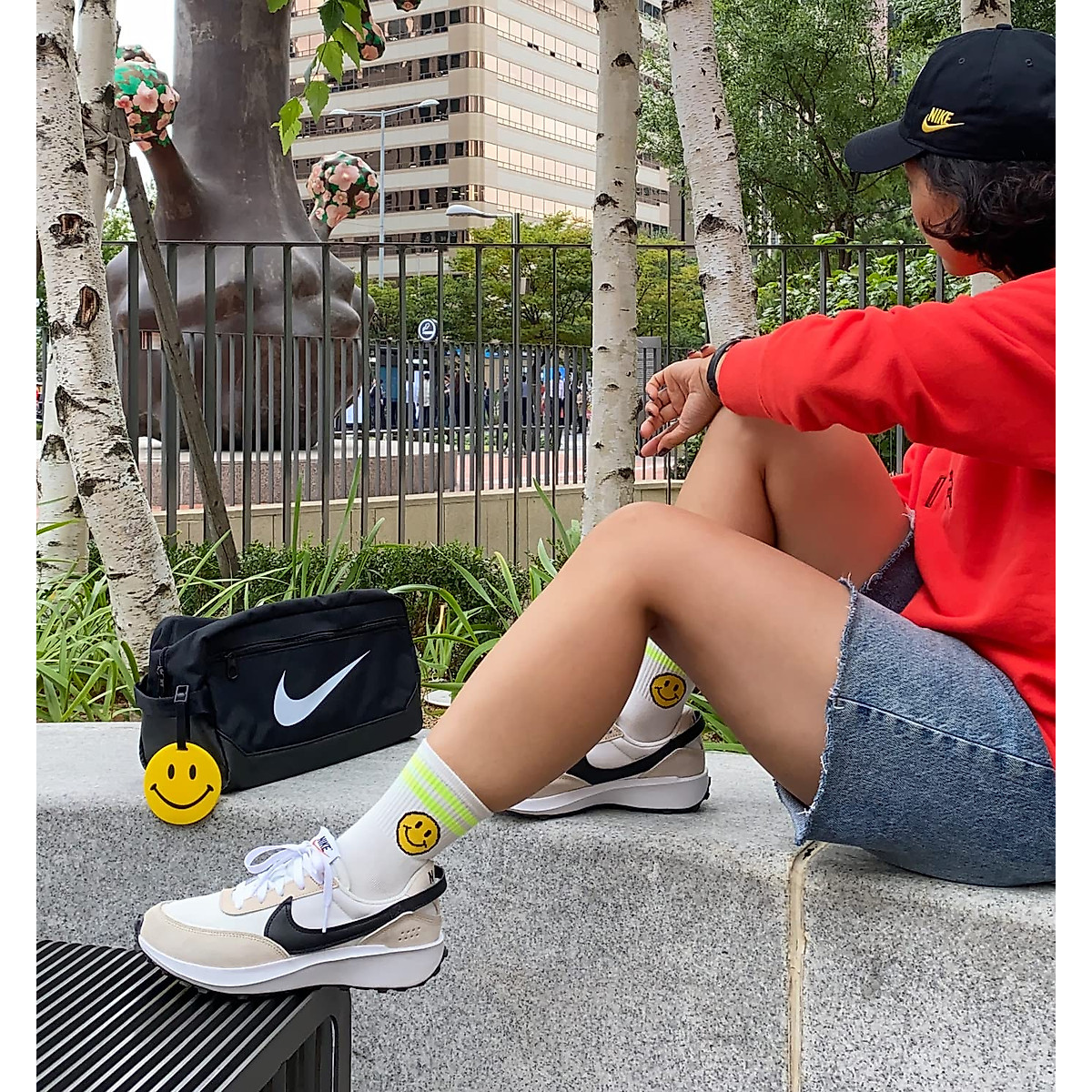 holawit Happy Face Fun Design Positive Smile Quarter Socks with Neon Double Stripes for Women 3P Set