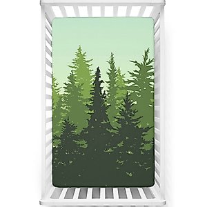 Pine Tree Themed Fitted Mini Crib Sheets,Portable Mini Crib Sheets Soft & Stretchy Fitted Crib Sheet-Great for Boy or Girl Room or Nursery,24“ x38“,Forest Green Mint Green