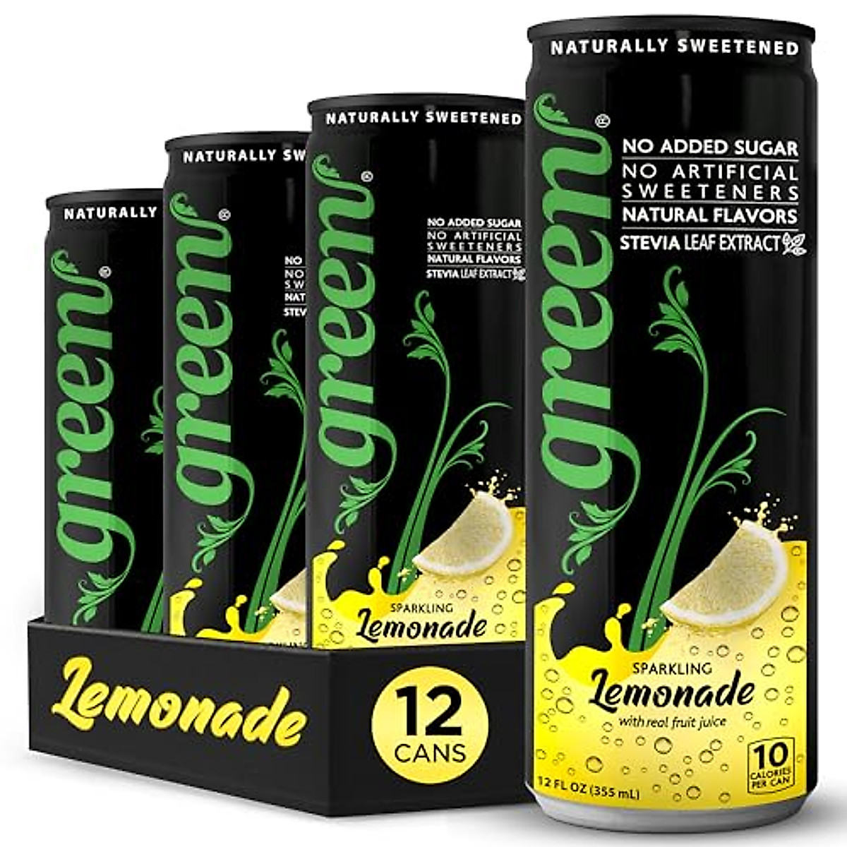 Green Lemonade - No added Sugar, 6% Real Lemon Juice, 10 Calories per can, Naturally Sweetened with 100% Stevia Leaf Extract, Carbonated Soda, 12 Fl Oz each can - Pack of 12