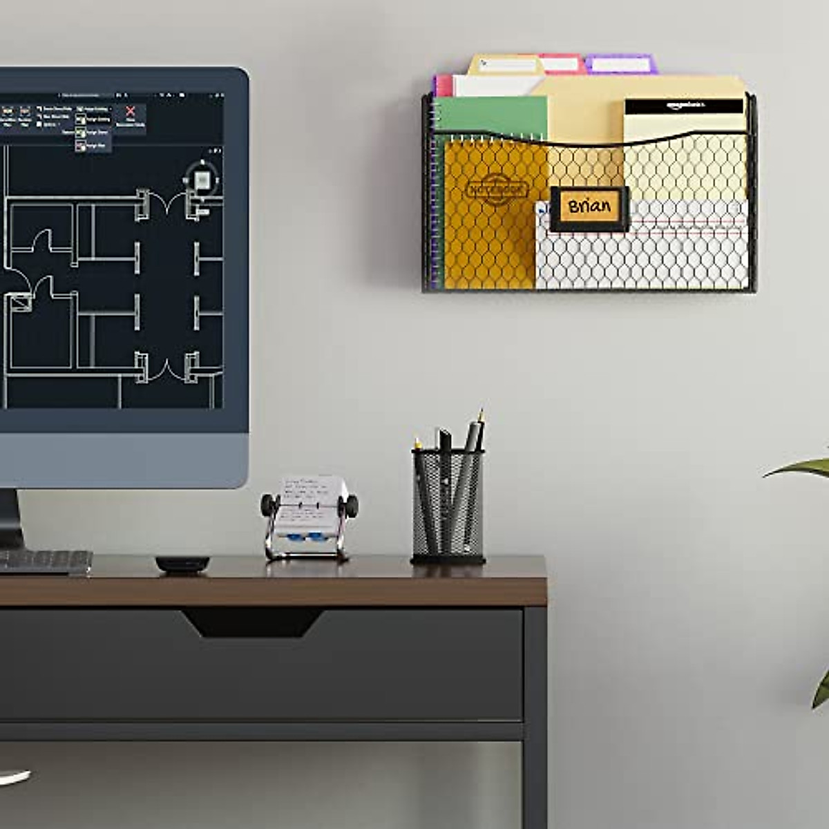 Wall35 Felic Hanging File Organizer, Folder and Mail Holder for Wall, Metal Chicken Wire Baskets with Tag Slot