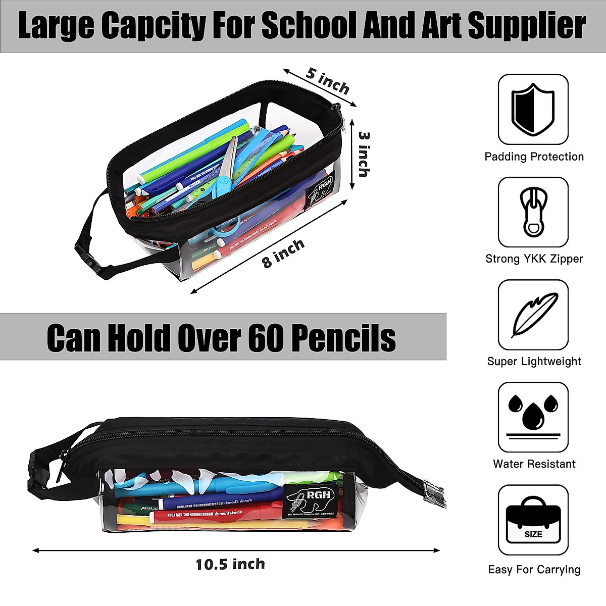 Rough Enough Clear Pencil Case Pen Pouch Bag with Zipper Portable Handle for Teen Boys Girls Adults School Office Stationary Art Supplies College Waterproof Black