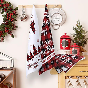 Miryoku Christmas Kitchen Towels Dish Towels Set of 4 Red White Merry Christmas Black Red Plaid Xmas Holiday Decorative Dishcloths Tea Towels for Home Decorations