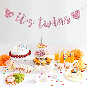 INNORU It's Twins Banner for Girls, Baby Shower Gender Reveal Party for Babies, Twin Girls 1st Birthday Party Decorations Supplies, Pink Glitter