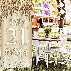 Happy 21st Birthday Door Banner Decorations for Her, Gold White 21 Birthday Door Cover Sign Party Supplies, 21 Year Old Birthday Photo Booth Background Decor for Women