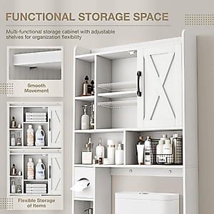 JUMMICO Over The Toilet Storage Cabinet, Bathroom Organizer with 2 Magnetic Doors and Adjustable Shelves, Home Space-Saving Toilet Rack with Paper Holder Stand, for Bathroom, Restroom, Laundry (White)