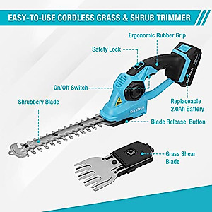 DURATECH 20V Cordless Hedge Trimmer Grass Shears Combo, 2-in-1 Handheld Shrubbery Hedge Trimmer Electric Rechargeable Grass Cutter for Garden - 2.0 Ah Lithium-Ion Battery and Quick Charger Included