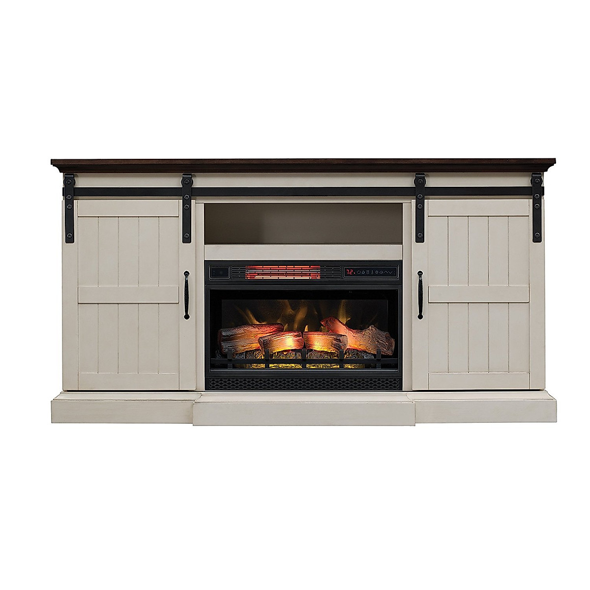 ClassicFlame Hogan 66" Farmhouse Fireplace TV Stand & 26" Electric Infrared Firebox with Log Set - Weathered White, 26MM90273-W476 & 26II042FGL