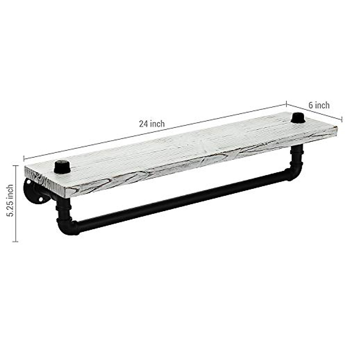 MyGift Shabby Whitewashed Wood Small Bathroom Shelf Wall Mounted Industrial Metal Pipe Towel Bar