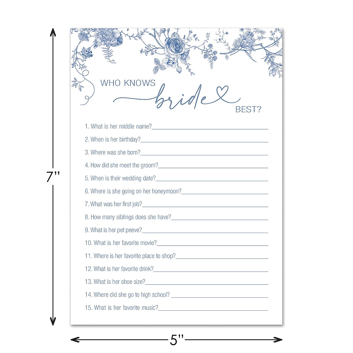 24 Blue Vintage Floral Bridal Shower Games (Who Knows Bride Best)