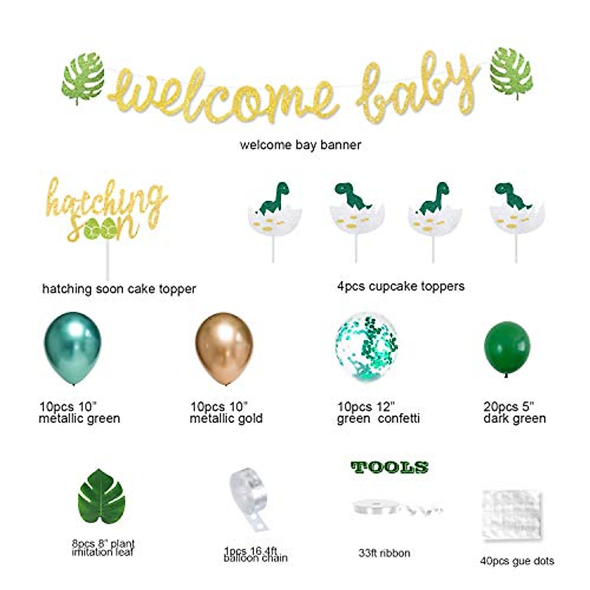 Homond Dinosaur Baby Shower Decorations for Boy, Dinosaur Balloons Garland Kit for Baby Shower, Dinosaur Party Supplies, Welcome Baby Banner, Hatching Soon Cake Topper